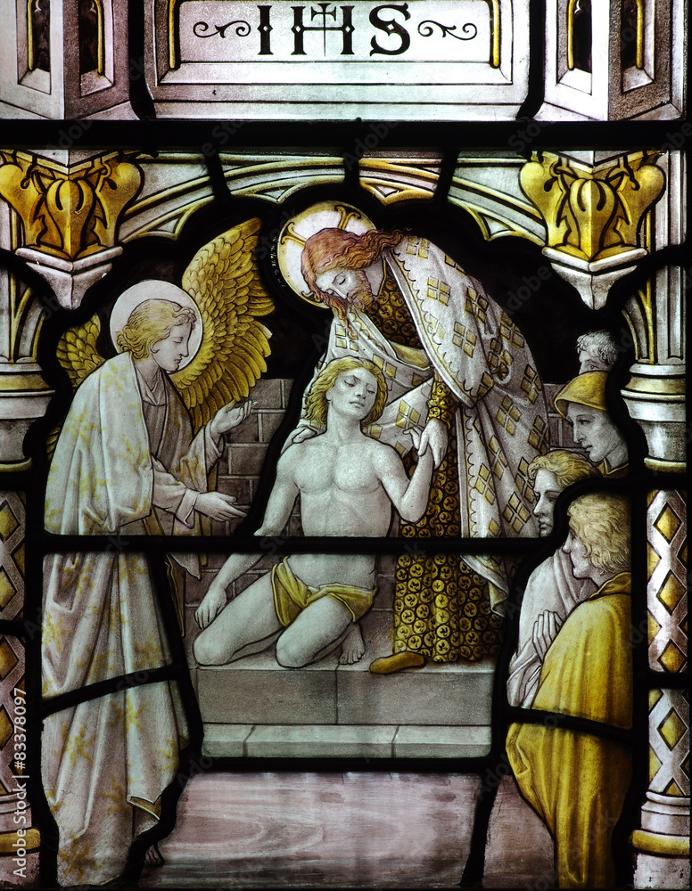 Jesus Christ helping a poor man (in stained glass) Stock Photo | Adobe ...