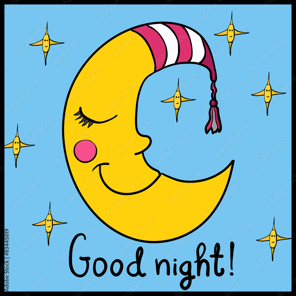 Cartoon sleeping moon in striped nightcap with little stars Stock ...