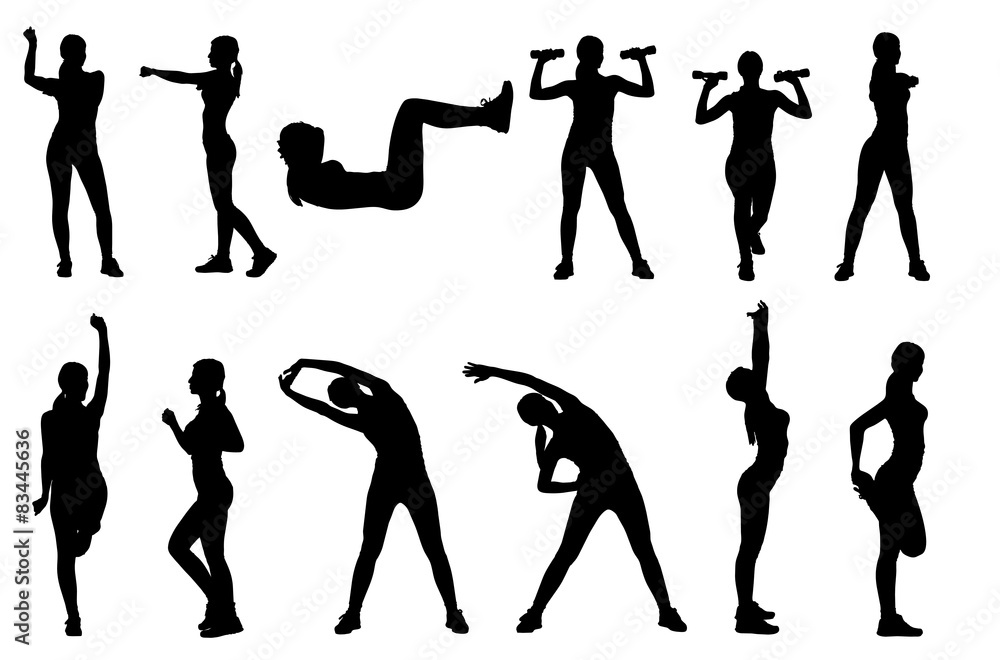 Set of various woman sports fitness exercising silhouettes Stock Vector ...