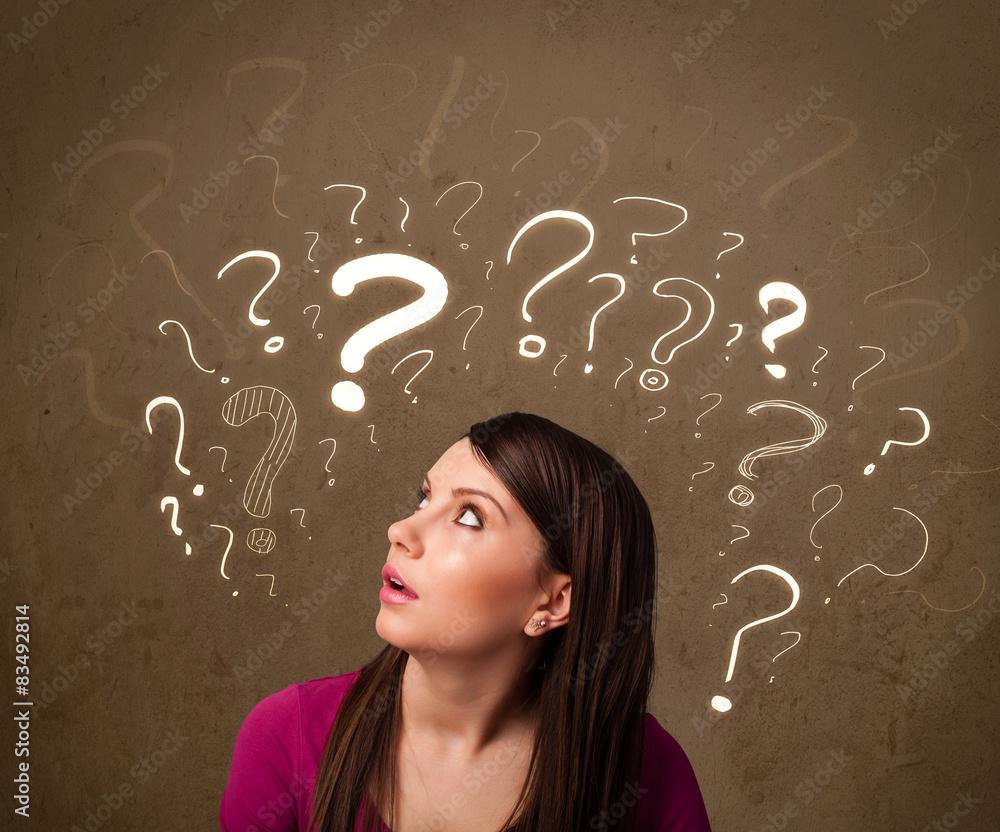girl with question mark symbols around her head Stock Photo | Adobe Stock