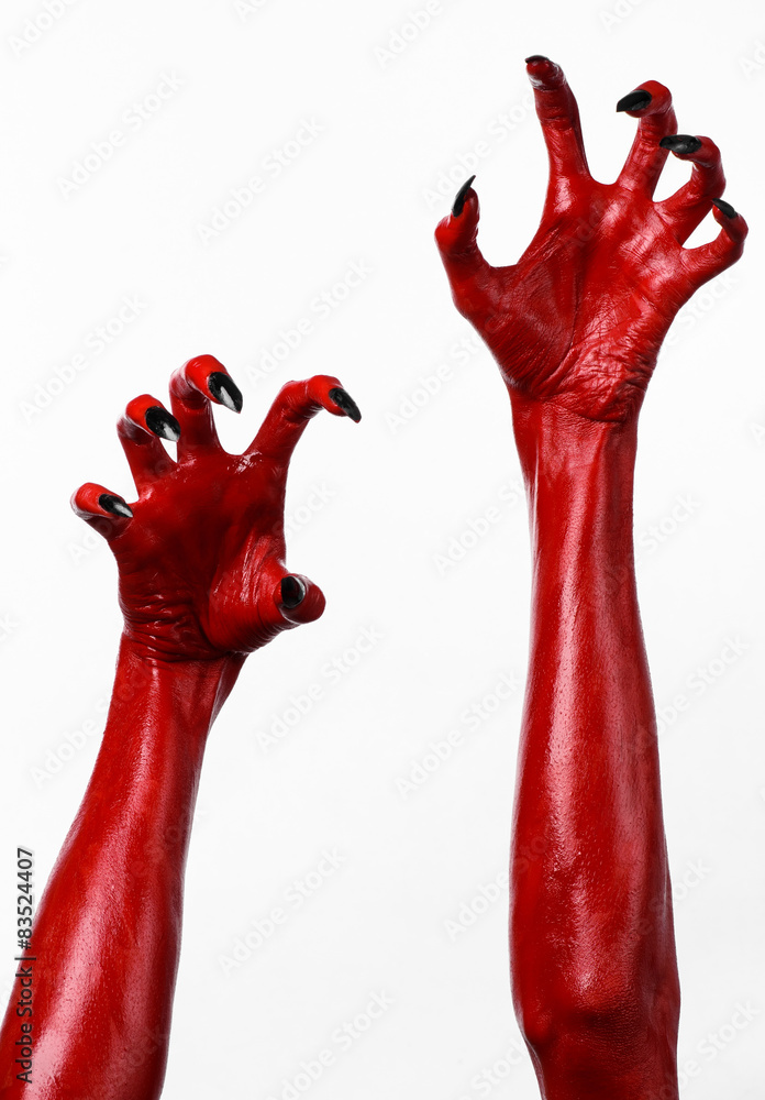 Red Devil's hands, red hands of Satan, white background isolated Stock ...