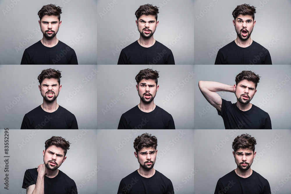 Set of young man's portraits with different emotions Stock Photo ...