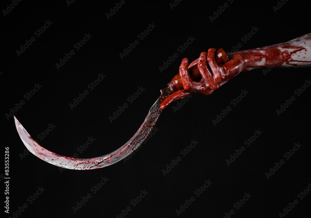 bloody hand holding a sickle, sickle bloody, bloody scythe Stock Photo ...