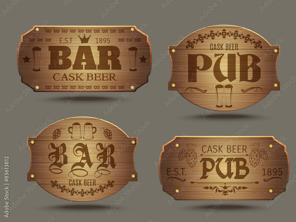 Wooden pub bar signs set Stock Vector | Adobe Stock