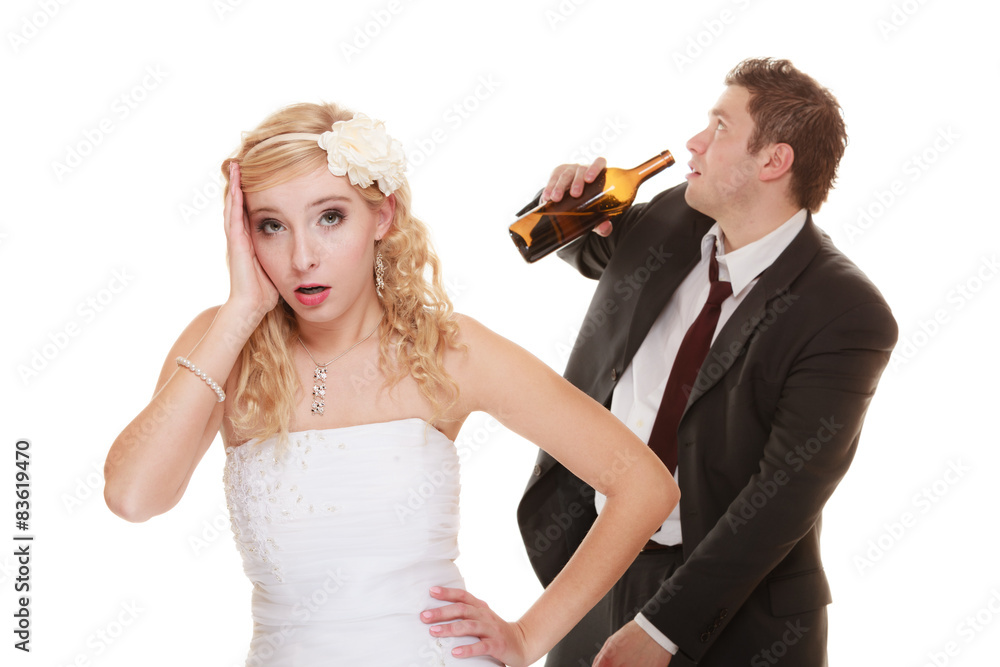 Wedding couple, bride with alcoholic drinking groom. Stock Photo ...