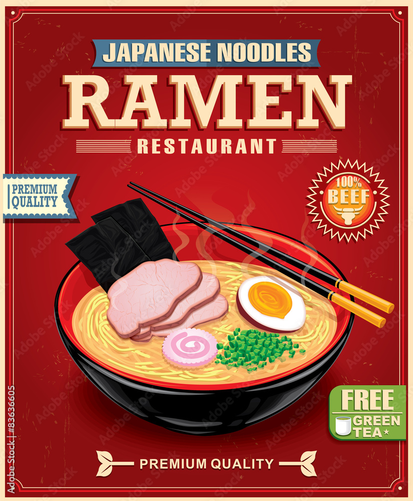 Vintage ramen noodles poster design with noodle and hot soup Stock ...