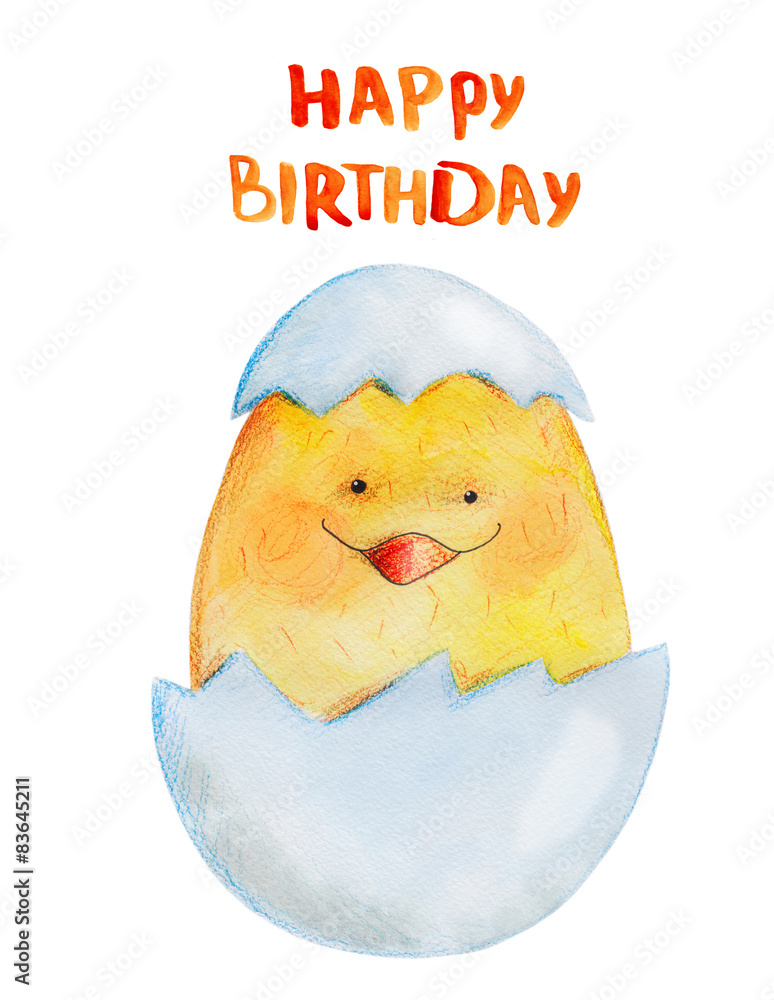 Chicken on the egg . Happy birthday. Congratulation. Watercolor Stock ...