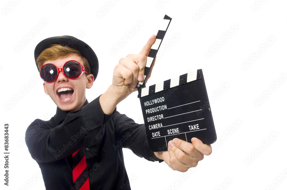 Positive boy with clapper board isolated on white Stock Photo | Adobe Stock