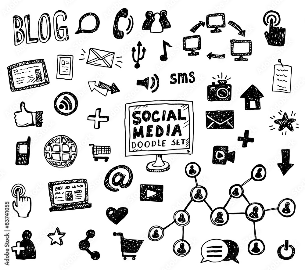 Hand drawn vector illustration set of social media sign and symbol ...