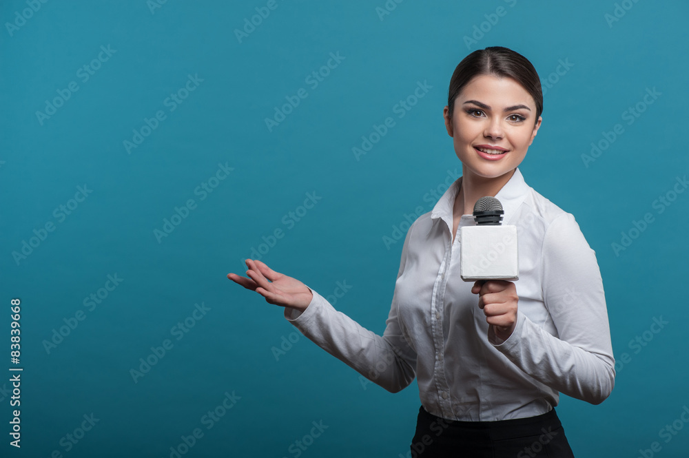 Beautiful girl TV journalist with pretty smile is reporting Stock Photo ...