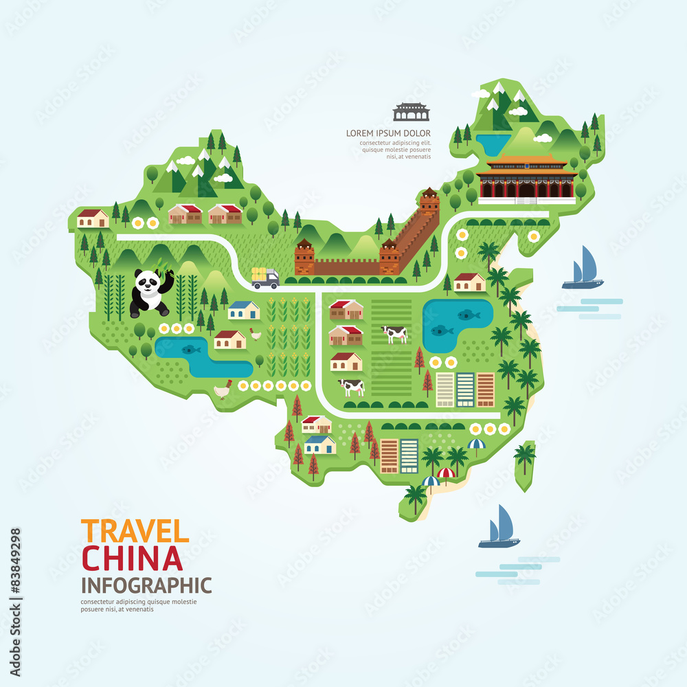 Infographic travel and landmark china map shape template design. Stock ...