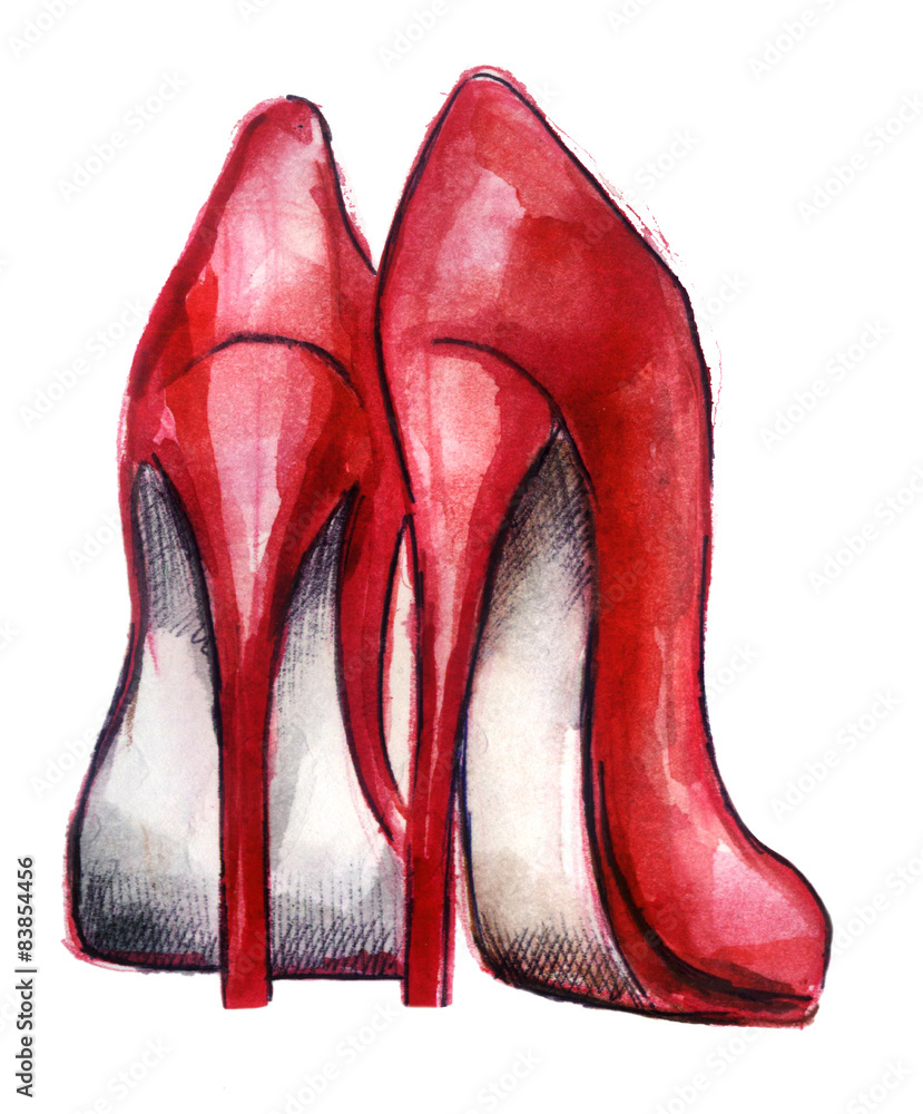 watercolor sketch: a pair of red shoes on a white background Stock ...