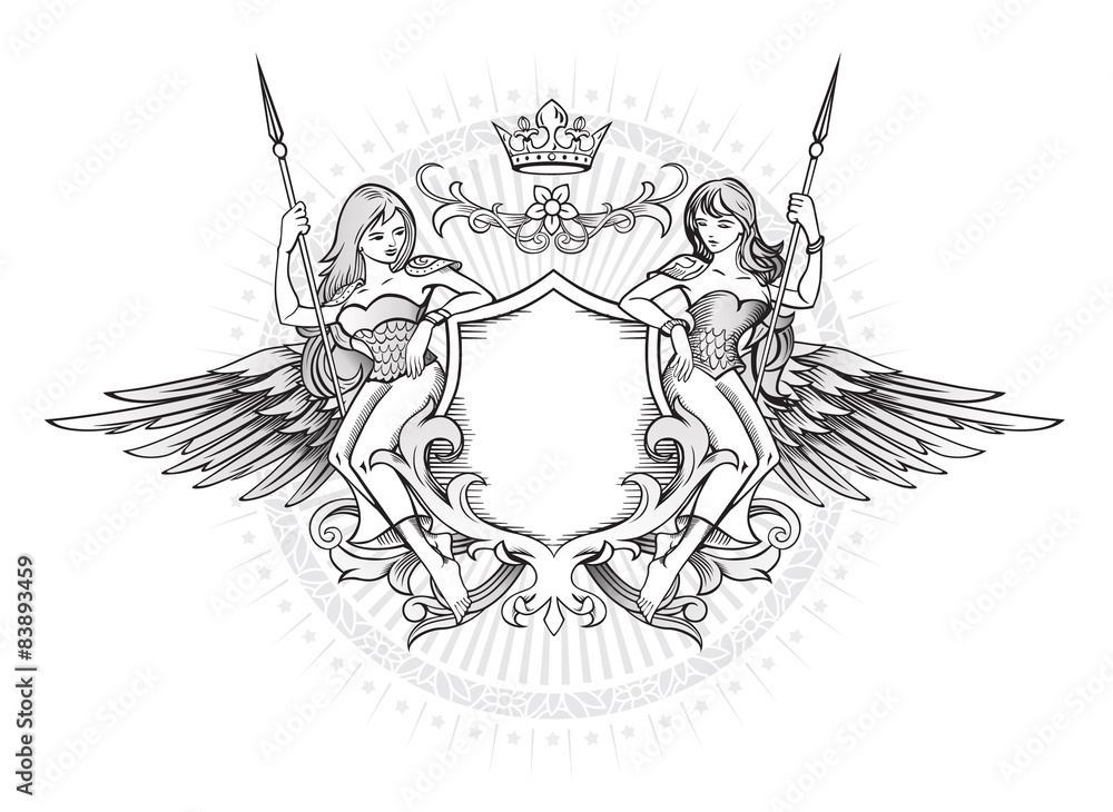 Winged Emblem with two long-hair girls holding the shield Stock Vector ...