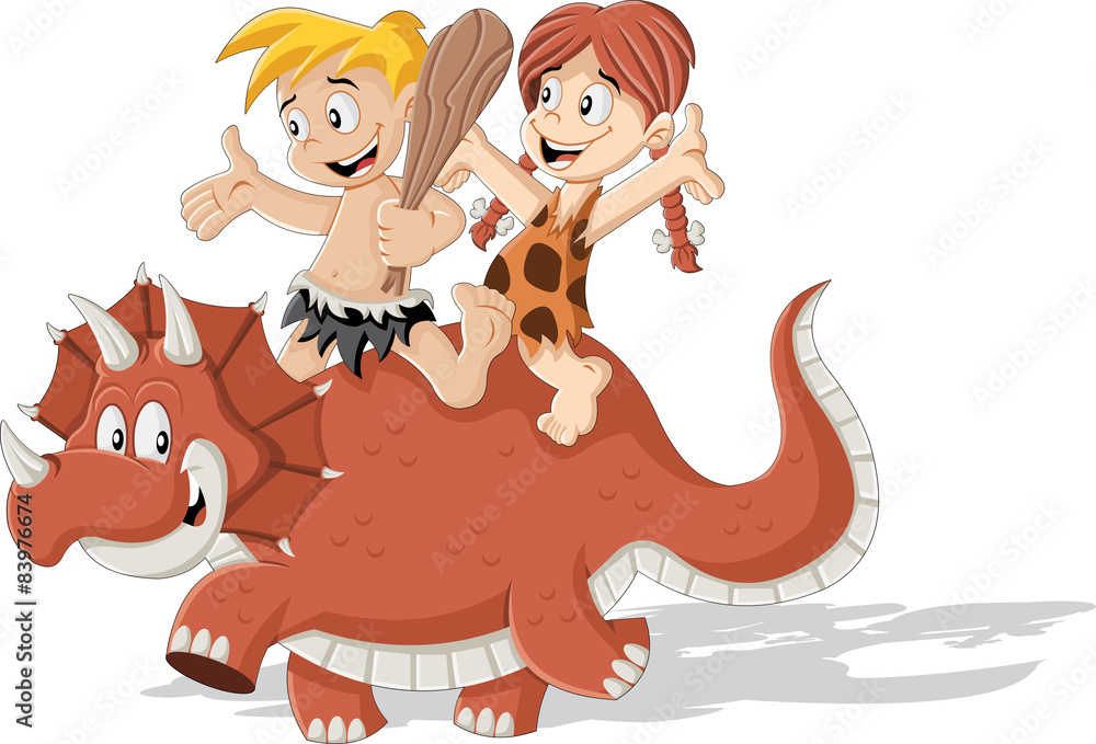 Cartoon cavemen and cave woman riding a triceratops dinosaur. Stock ...