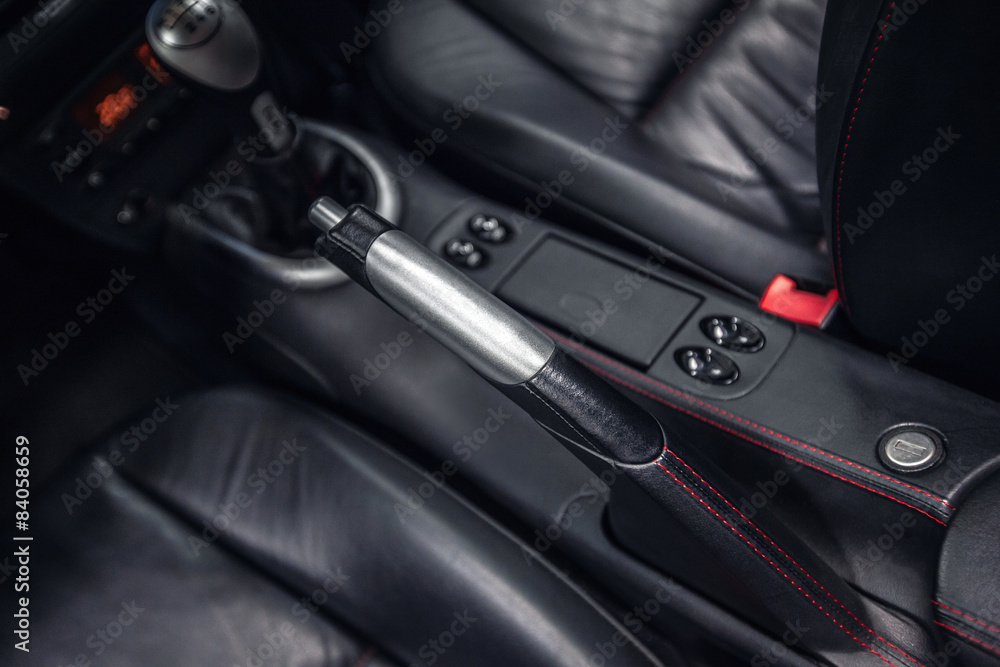 Car hand brake leather and red stitch Stock Photo | Adobe Stock