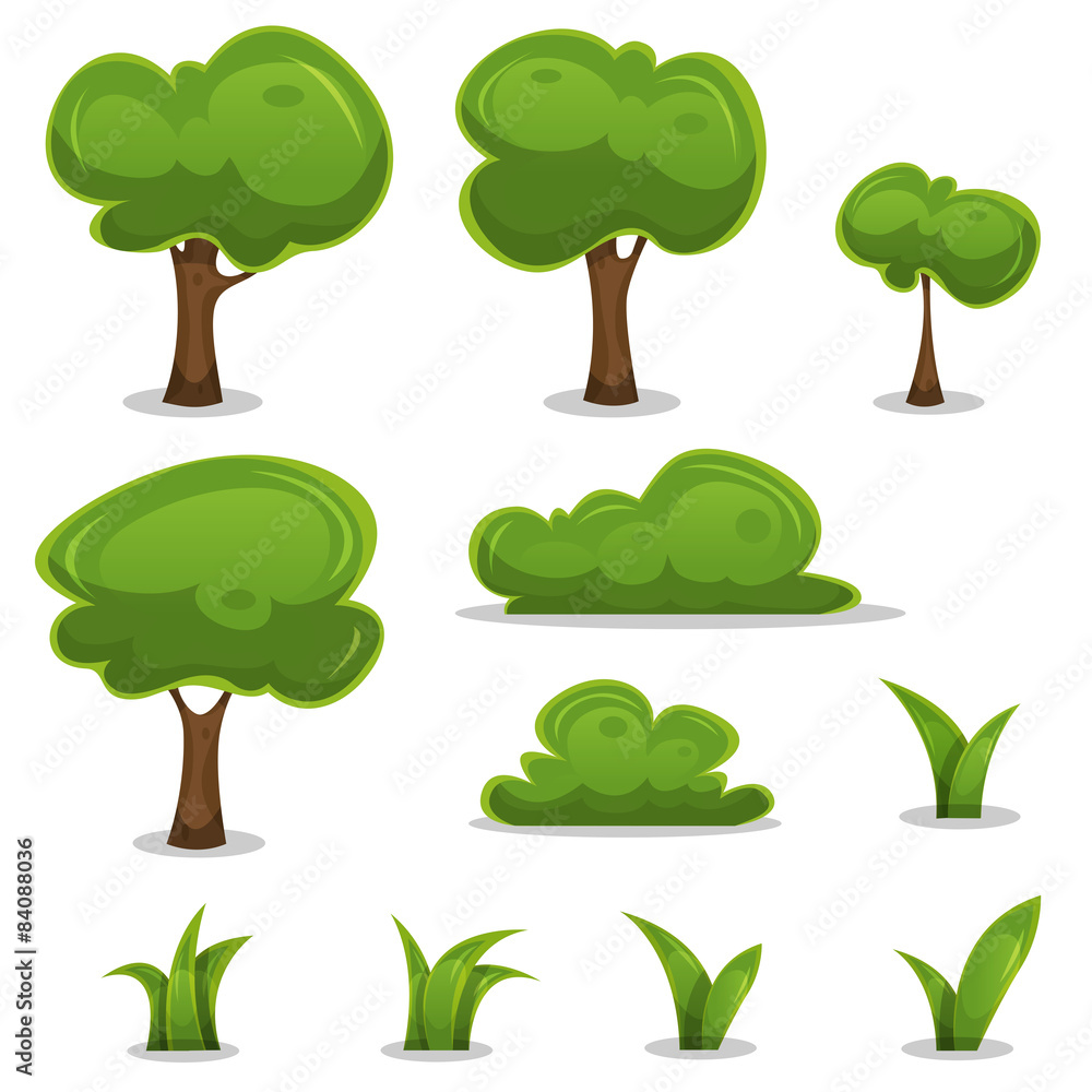 Cartoon Trees, Hedges And Grass Leaves Set For Ui Game Stock Vector ...