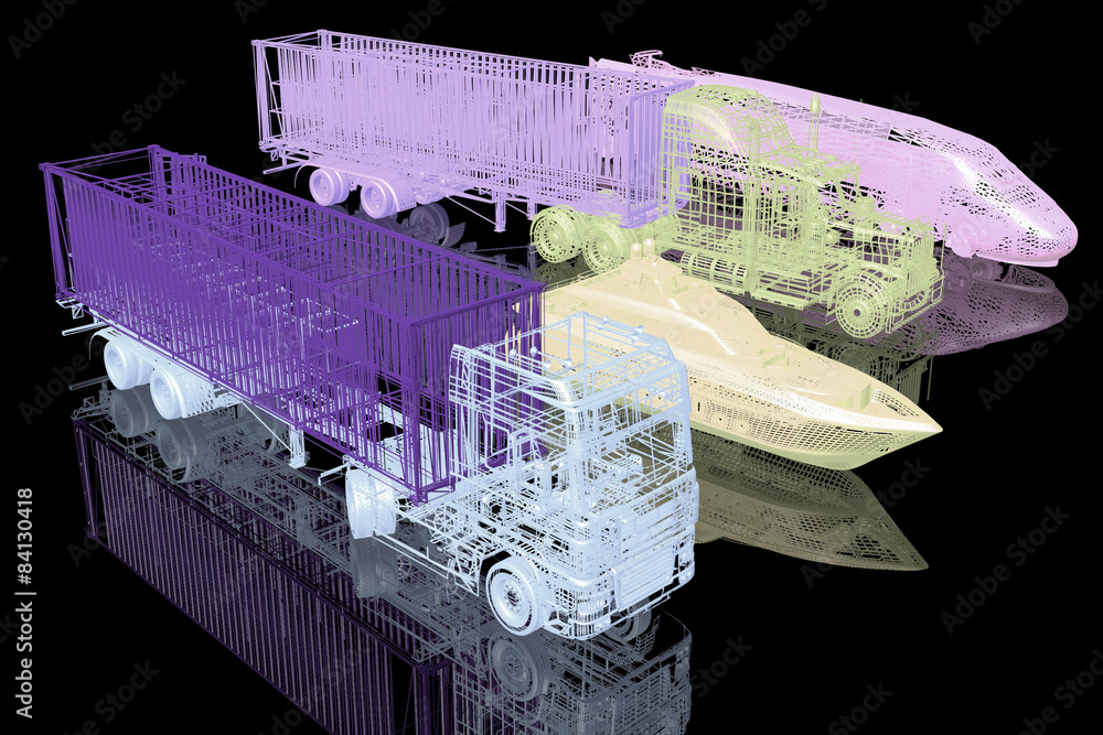 Types of transport. 3d model on black background Stock Illustration ...