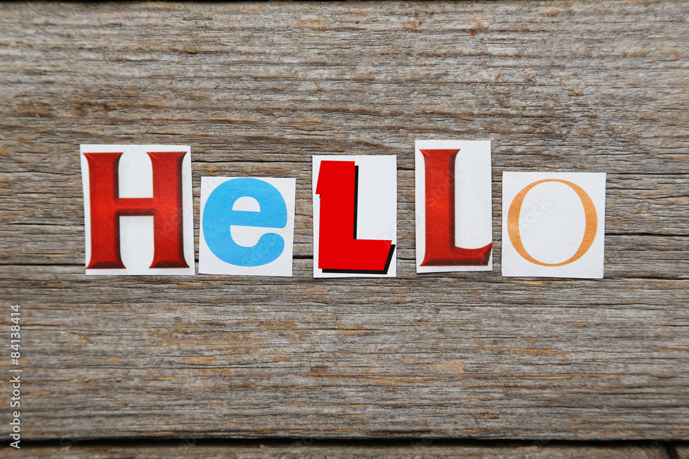 The word Hello in cut out magazine letters Stock Photo | Adobe Stock