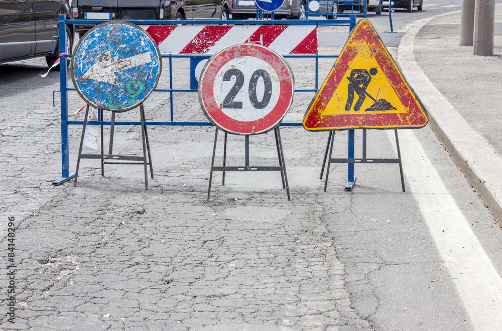 road signs / Road construction site with traffic signs Stock Photo ...