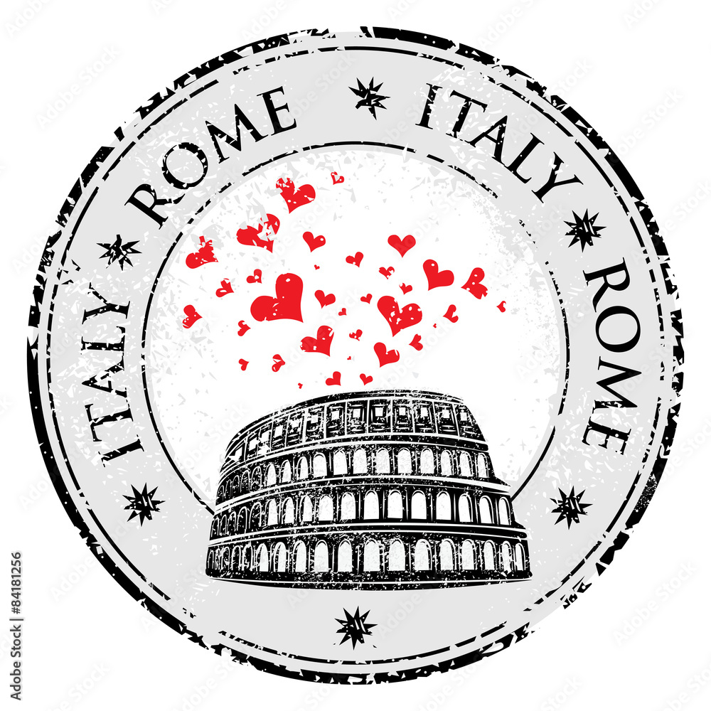 Grunge love heart stamp with Colosseum and the word Rome, Italy inside ...