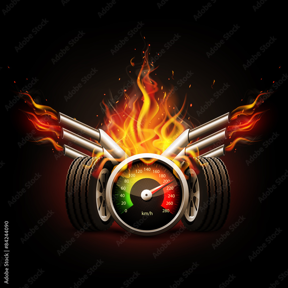Racing background, speedometer and wheels with fire. Stock Vector ...