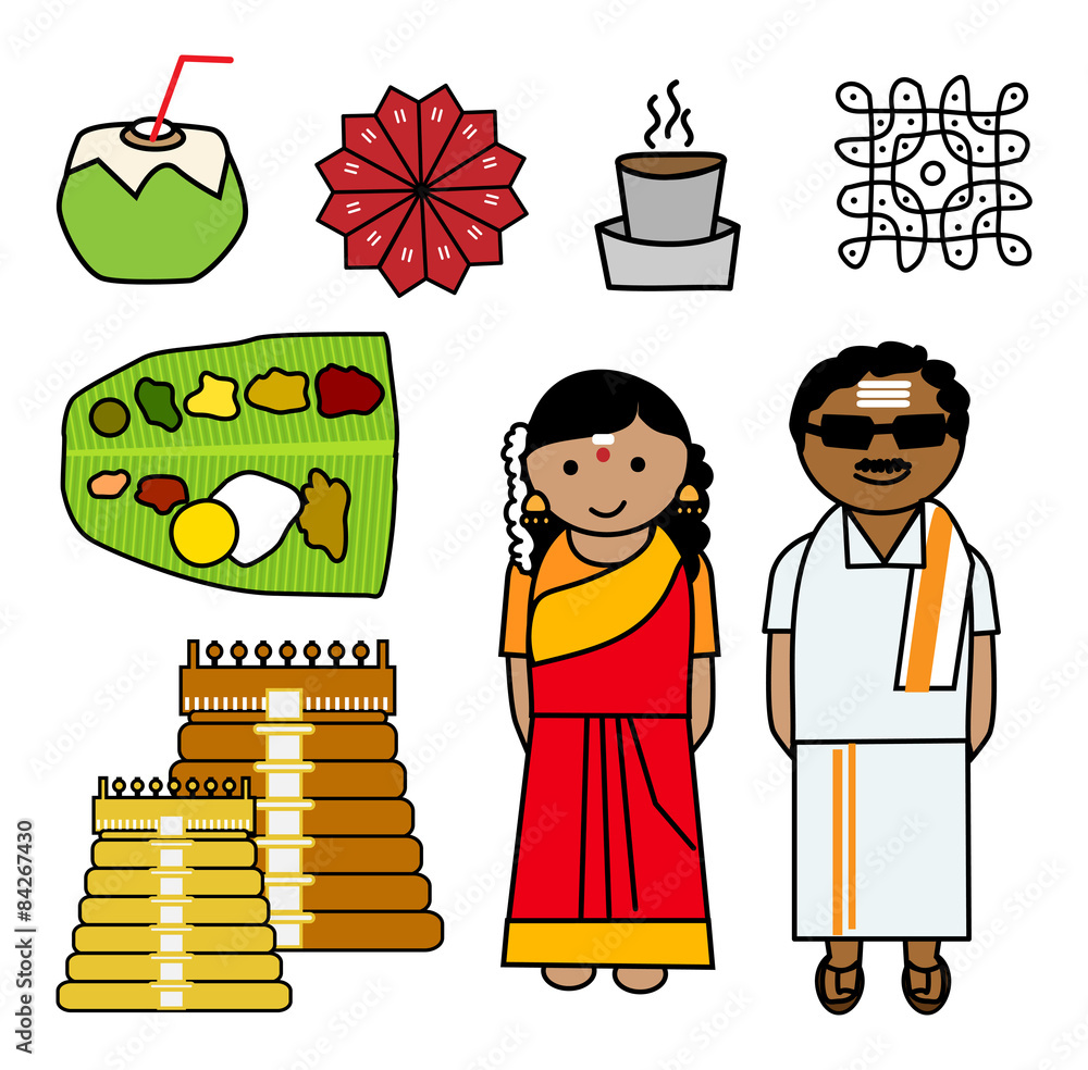 Vector illustration of South Indian couple and Icons Stock Vector ...