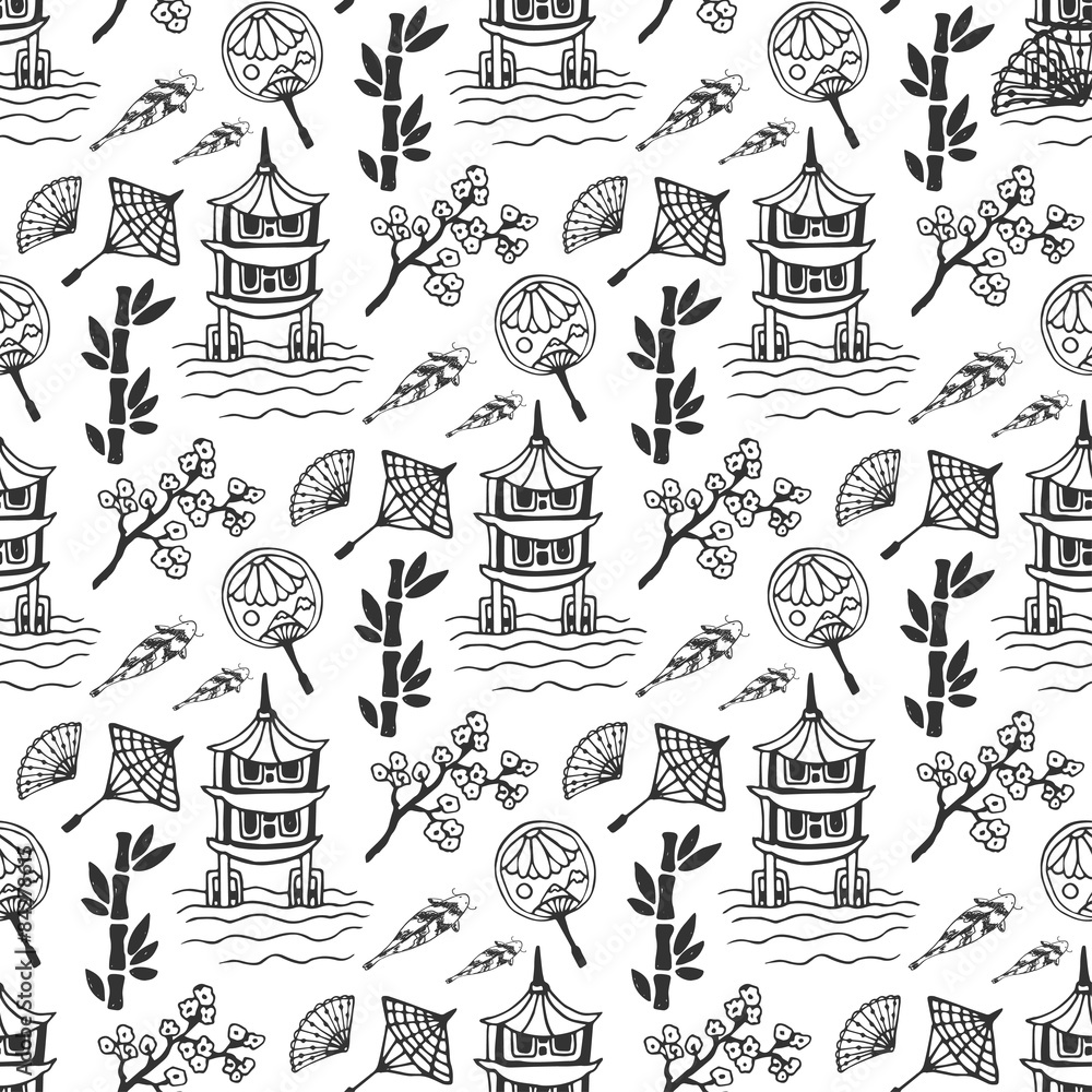 Hand drawn seamless pattern with Japan culture elements, nature and ...