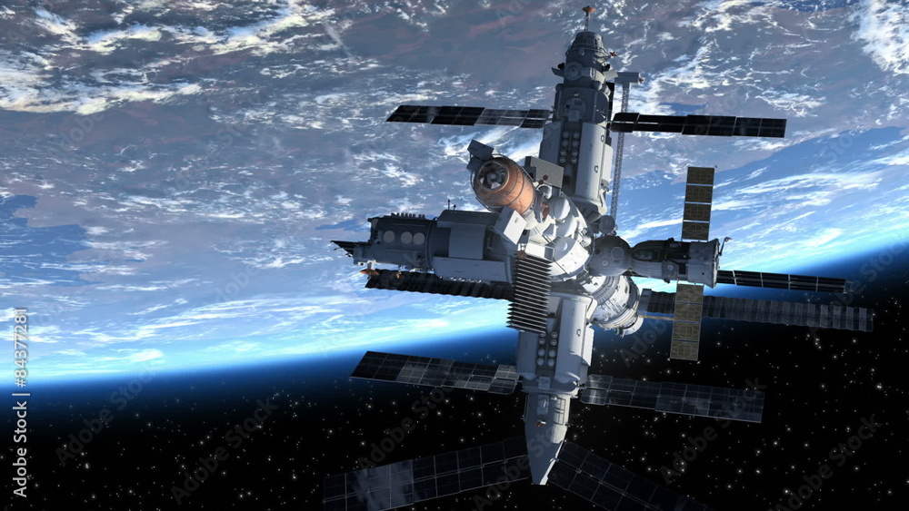Space Station And Space Shuttle Orbiting Earth. 3D Animation. Stock ...