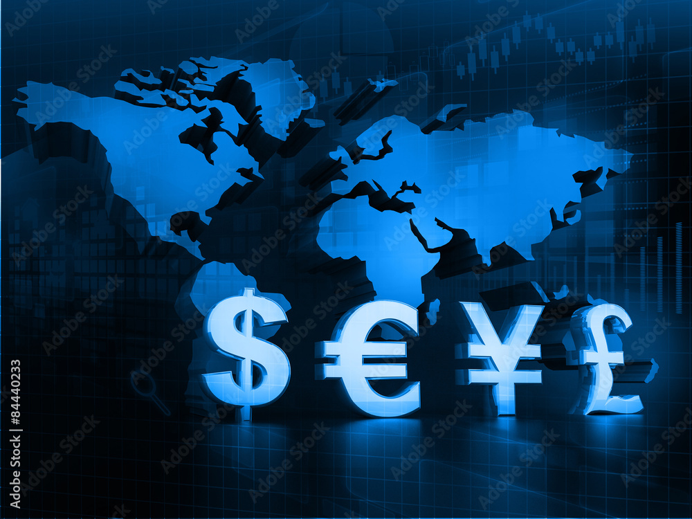 3d render of Currency symbols with world map. Financial background ...