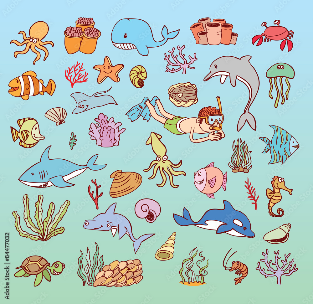 sea life cartoon doodle, vector illustration. wall mural wallpaper ...