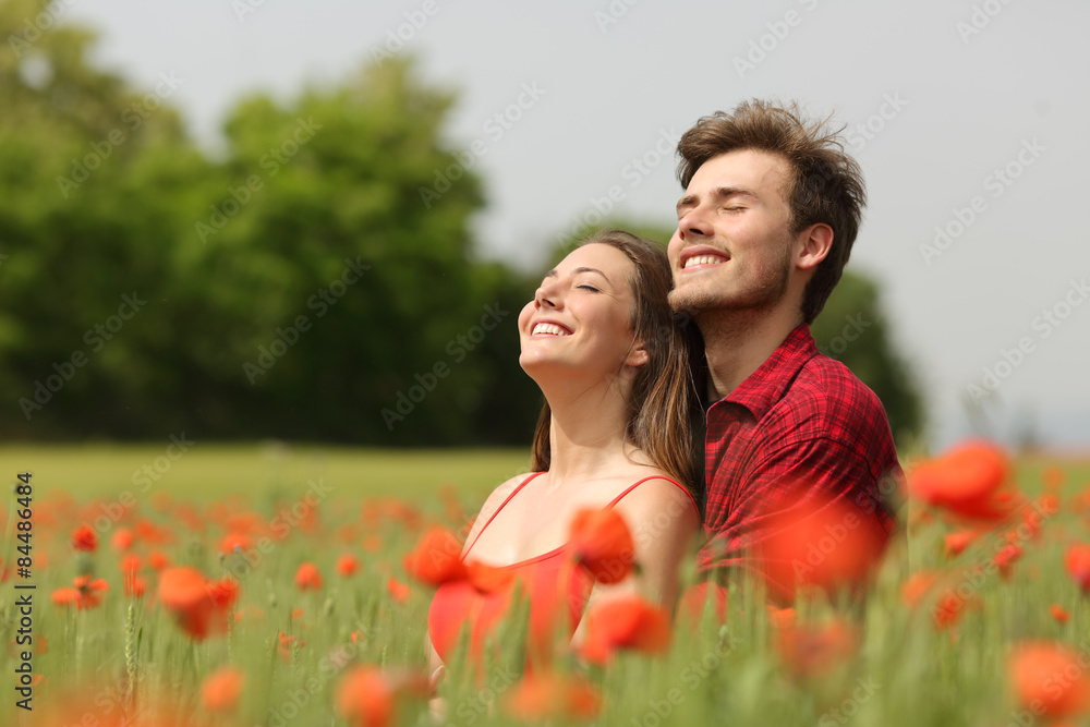 Couple hugging and breathing fresh air in a red field Stock Photo ...
