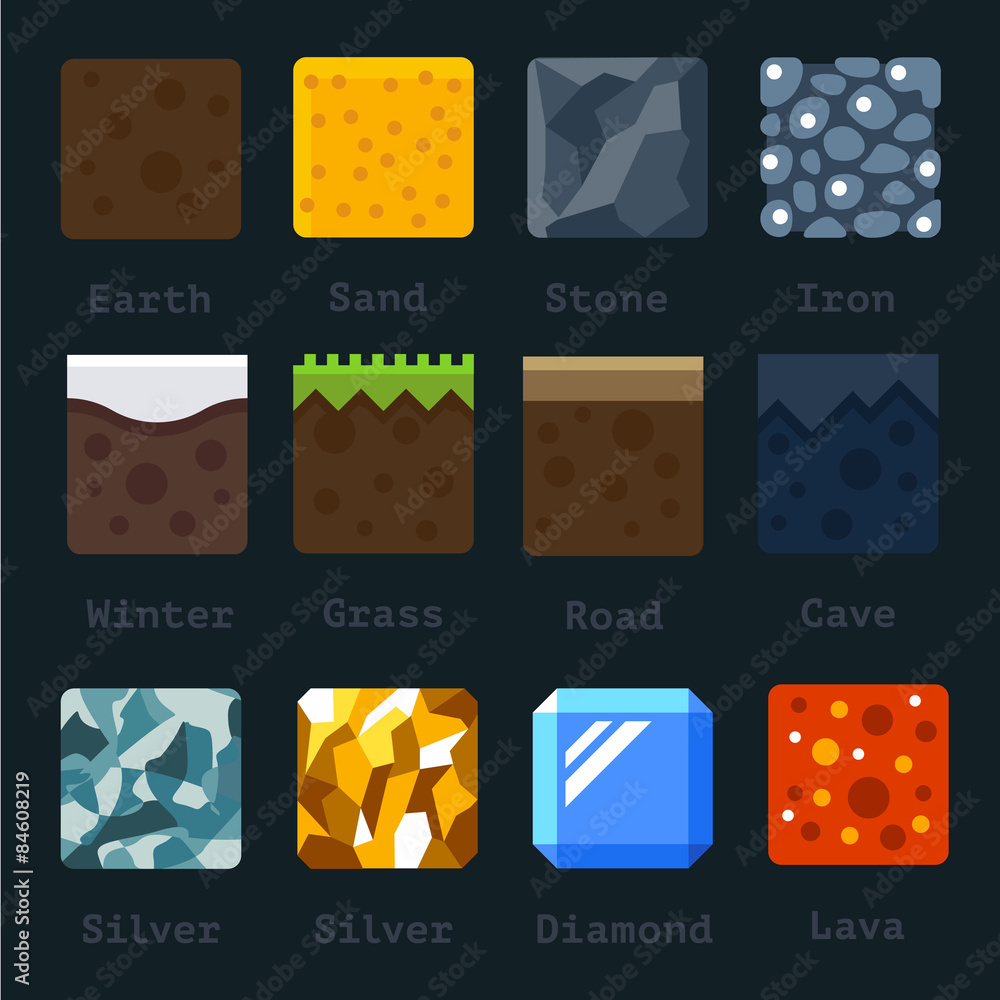 Different materials and textures for the game. Vector flat tile set ...
