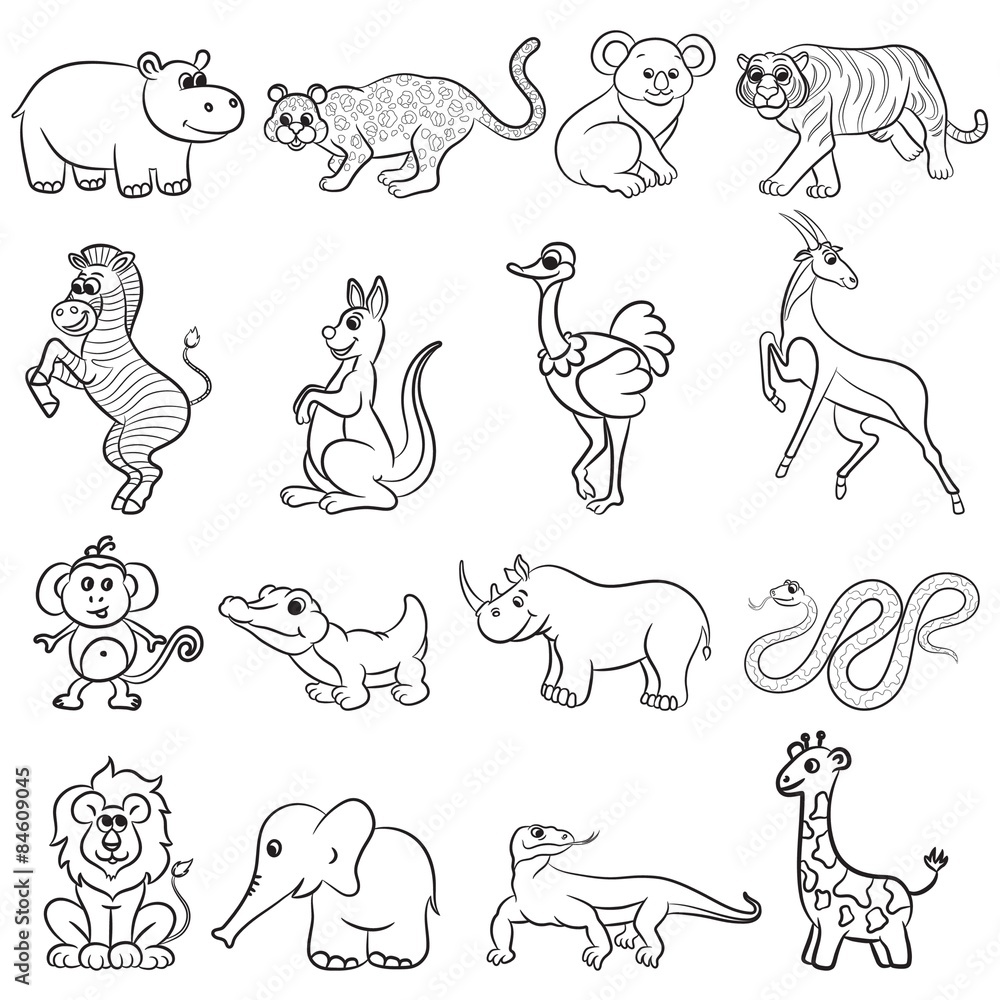 Cute outlined zoo animals collection. Vector illustration. Stock Vector ...