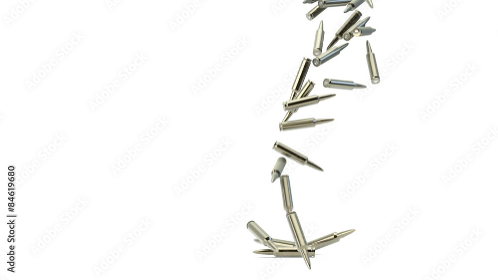 Bullets falling down slow motion shot on white isolated background ...