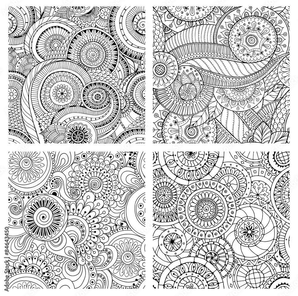 Set of seamless pattern with flowers. Ornate zentangle textures. Stock ...