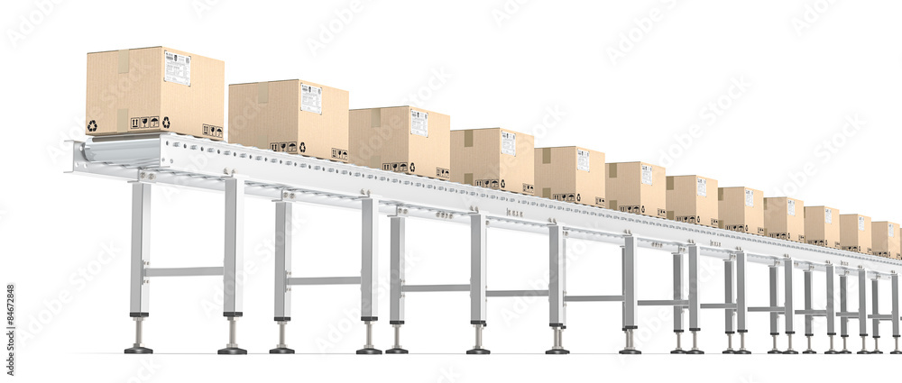 Roller Conveyor.Industrial Roller Conveyor with brown cardboard Boxes ...
