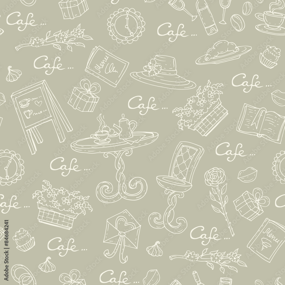 Vector seamless pattern on the theme of cafe with hand drawn symbols of ...