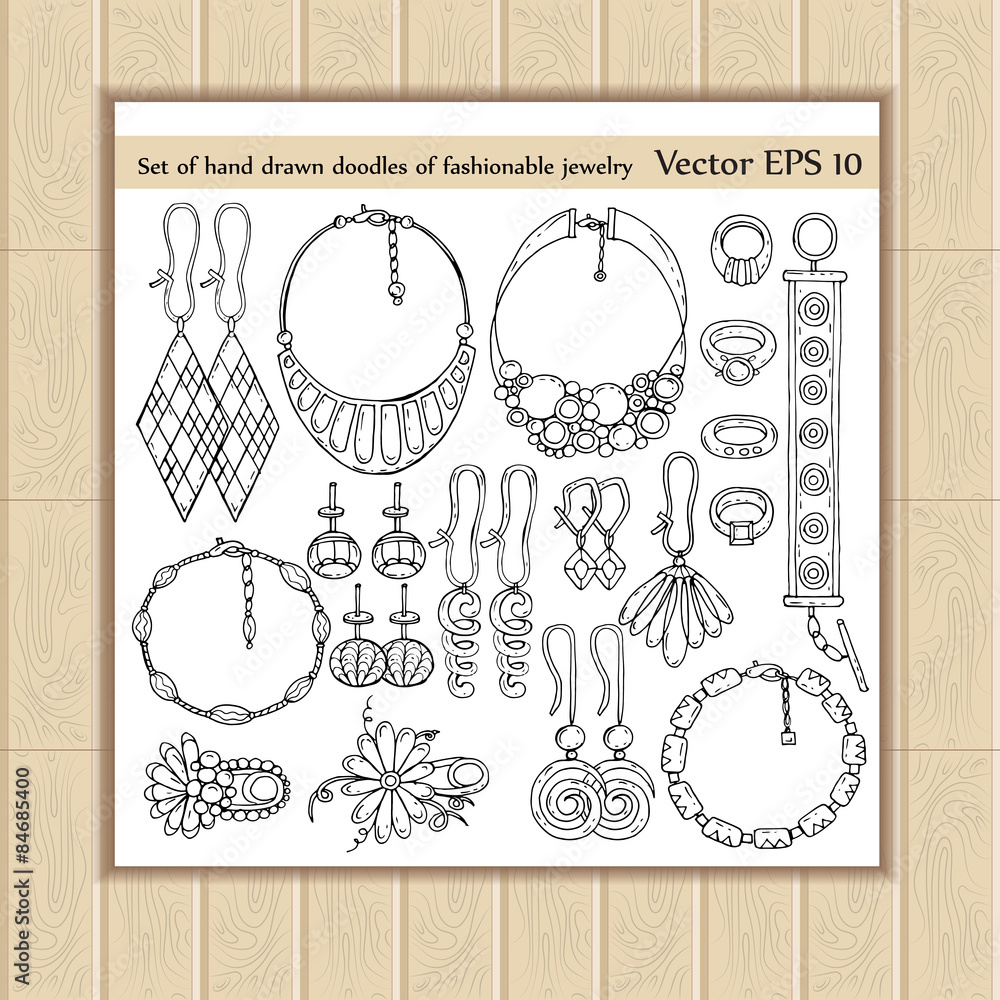 Vector set with hand drawn doodles of fashionable jewelry on white ...