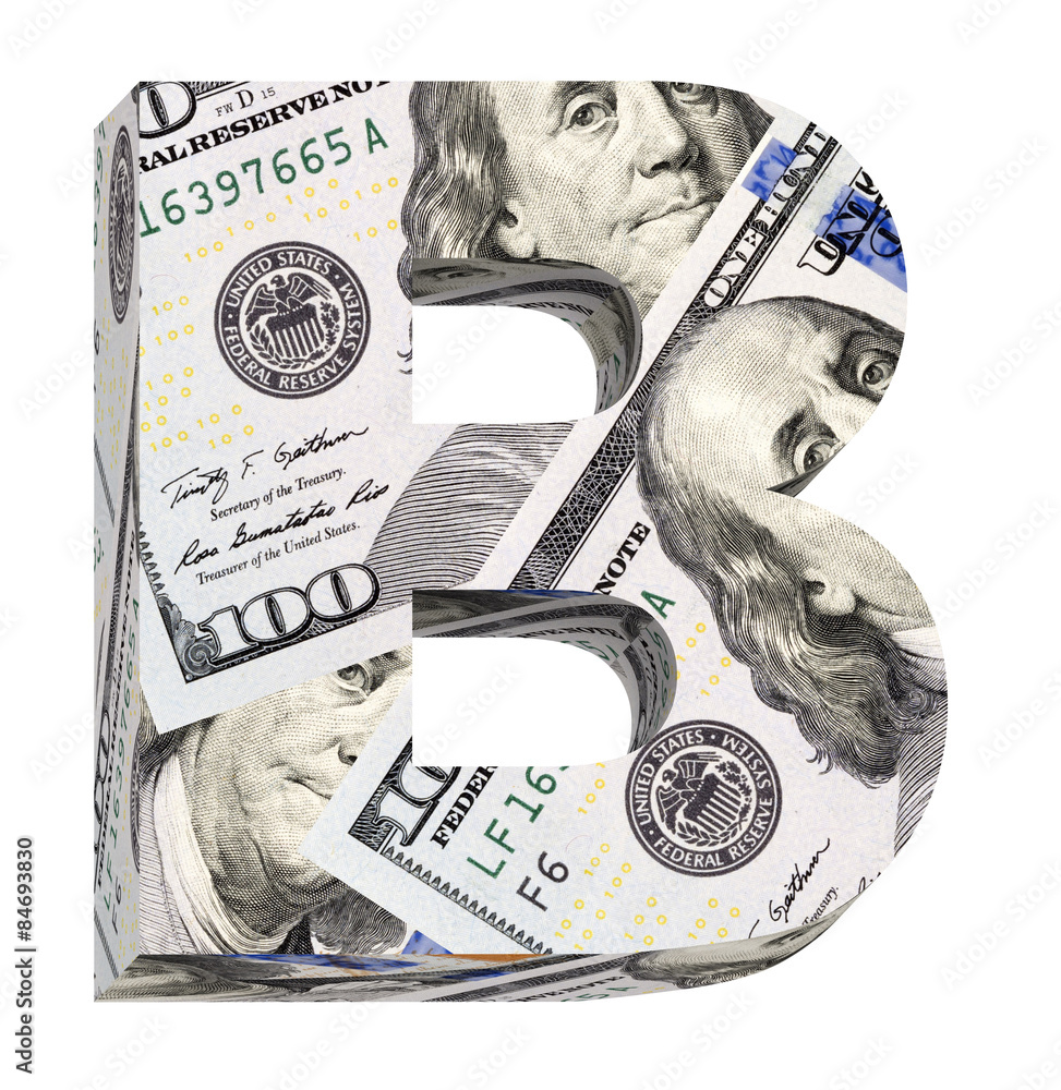 One letter from dollar bill alphabet set isolated over white. Stock ...