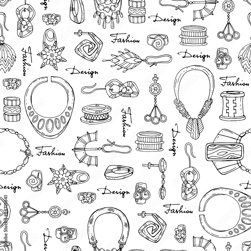 Vector seamless pattern with hand drawn fashionable jewelry on white ...