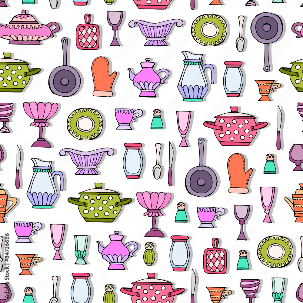 Vector seamless pattern with hand drawn kitchen utensils. Background ...