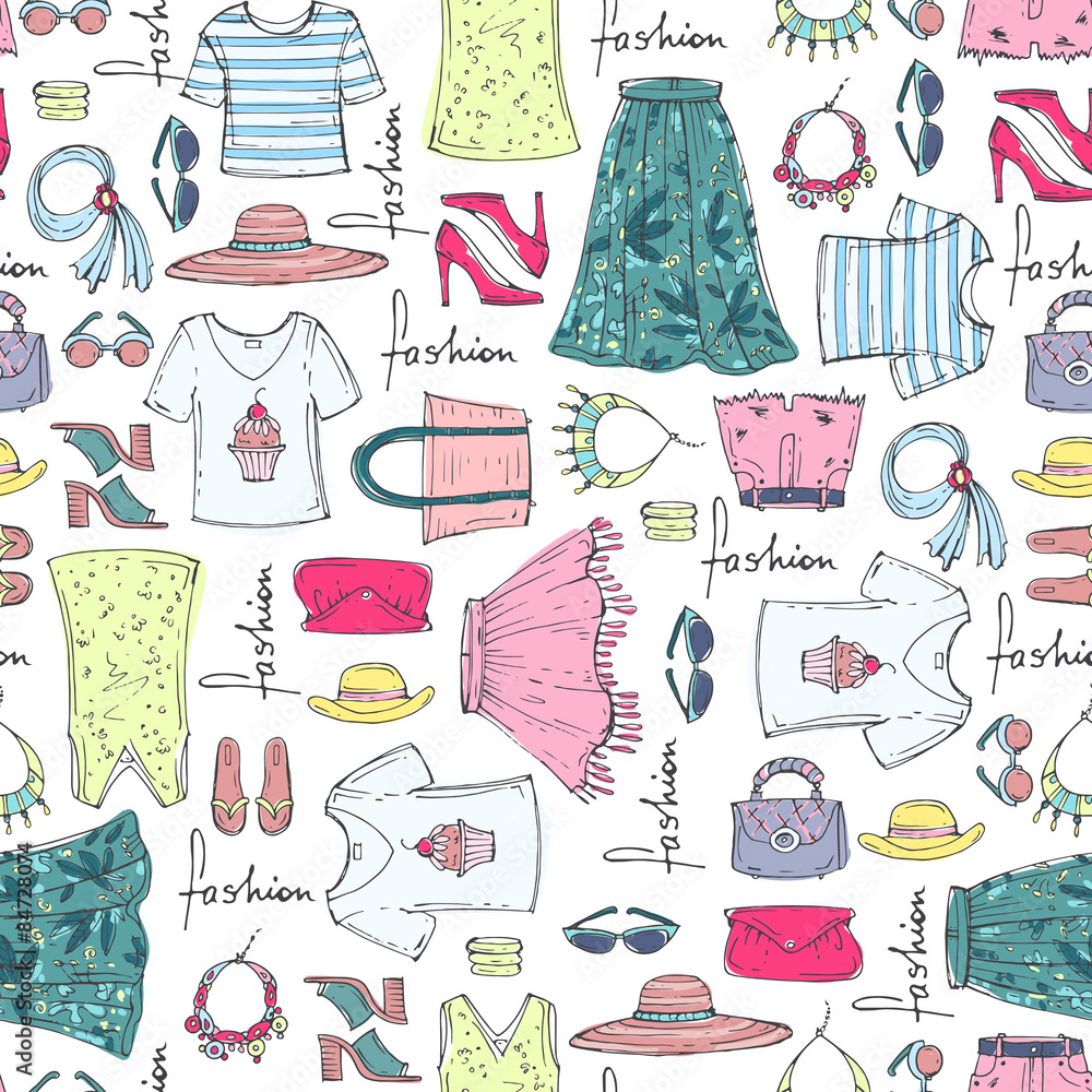 Vector seamless pattern of hand drawn fashion collection with summer ...