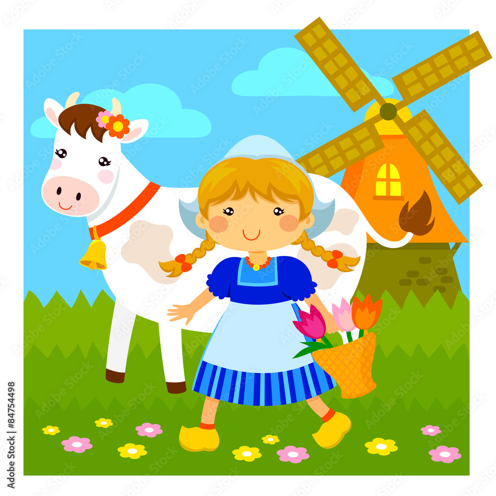 cartoon Dutch girl walking next to a cow and a windmill Stock Vector ...
