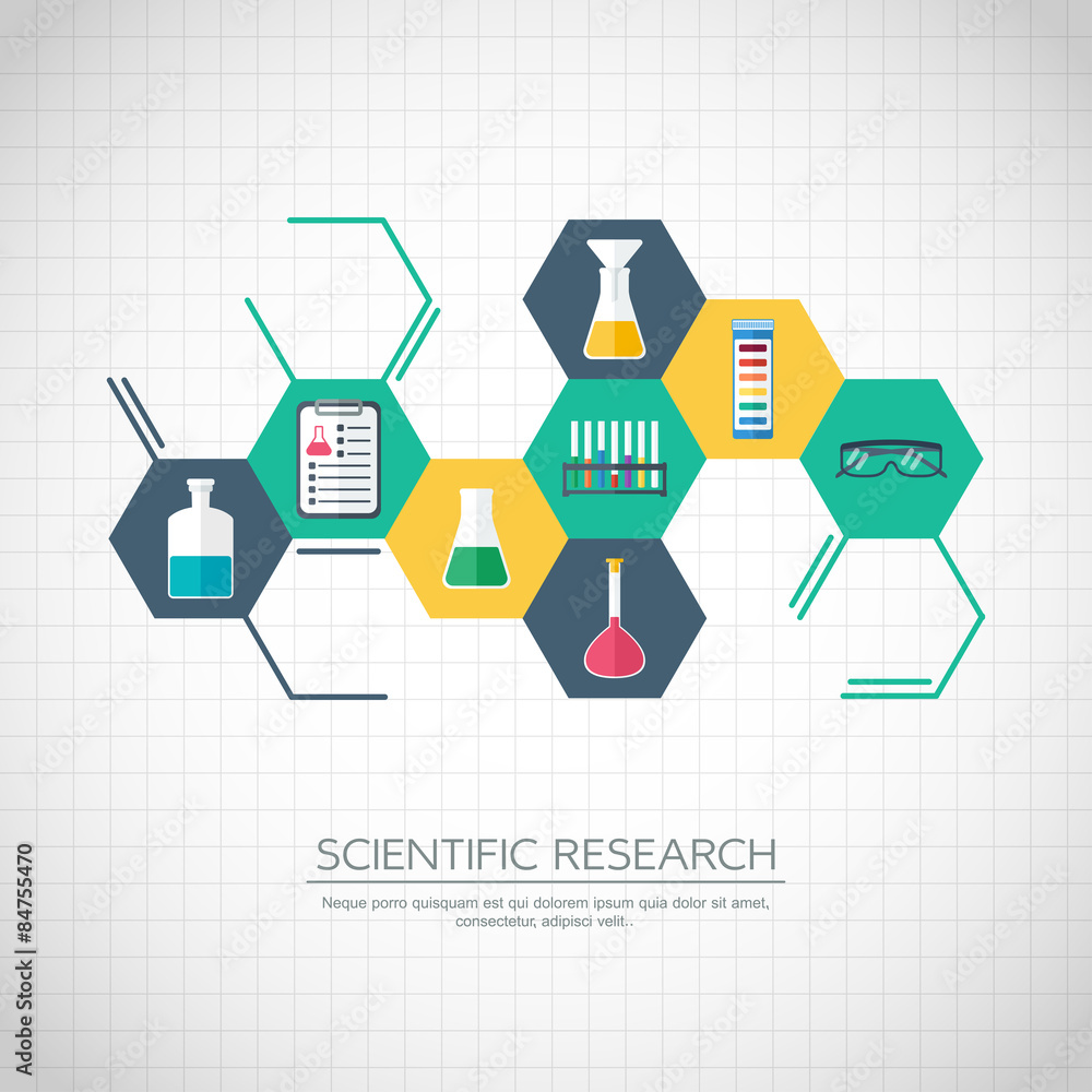 Research concept. Chemical banner, background, cover. Chemical icons ...