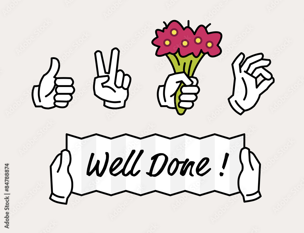 Hand icon showing thumbs up, like, okay sign, holding flowers and ...