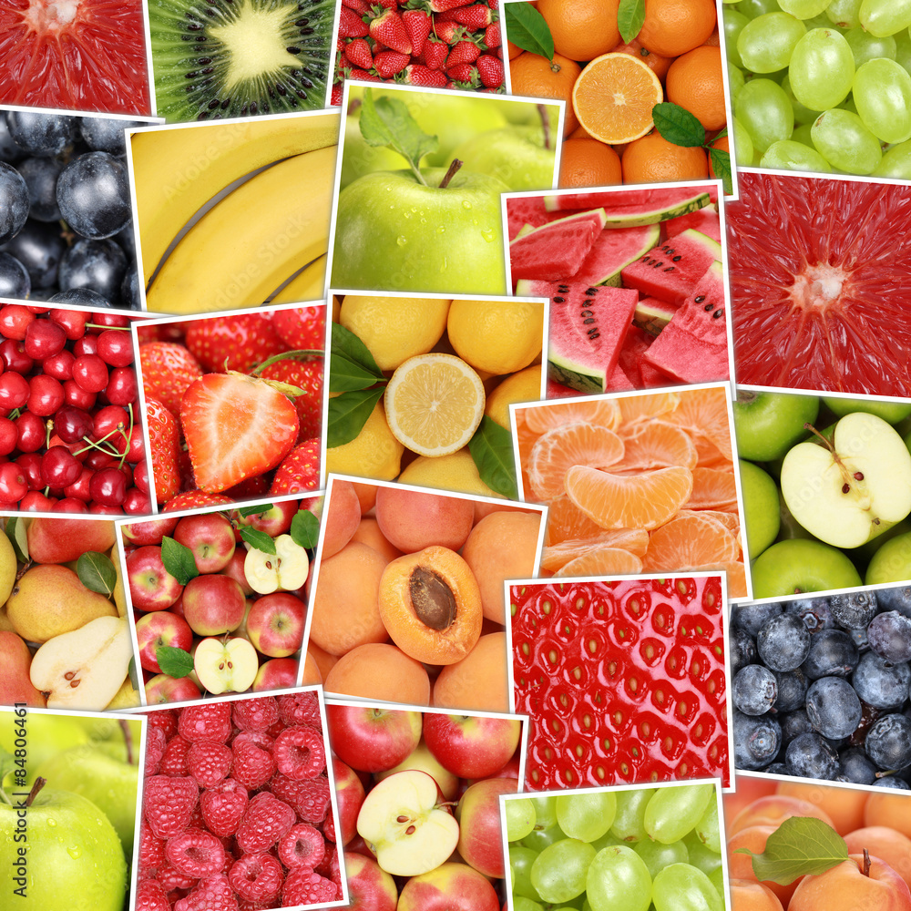 Früchte Frucht und Obst Hintergrund mit Apfel, Orange, Zitrone Stock ...
