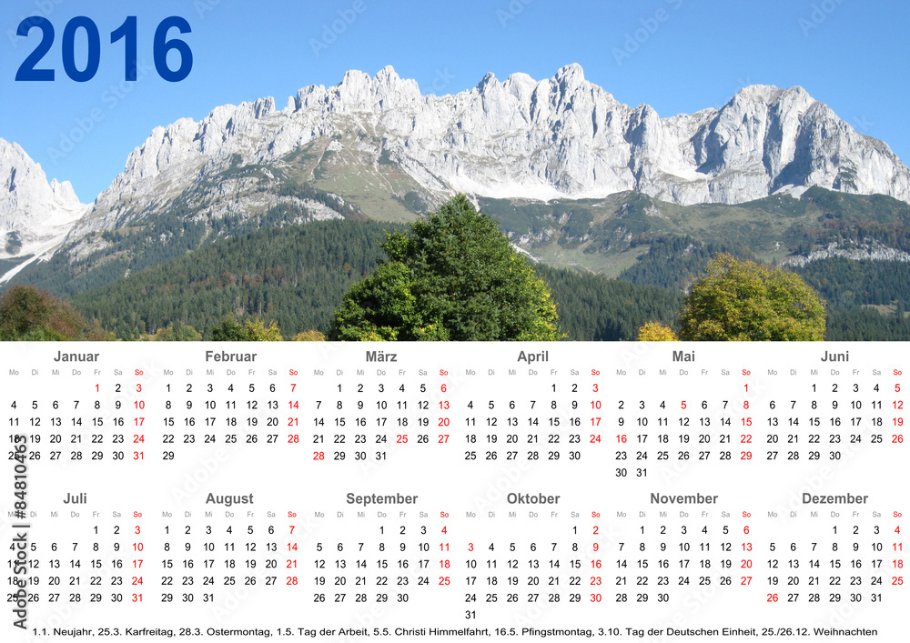 Jahreskalender 2016 mit Berglandschaft und gesetzlichen Feiertagen für ...