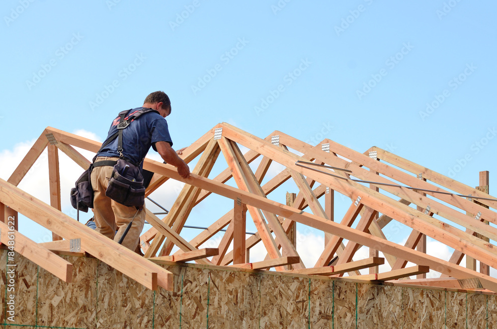 Layout and installation of roof rafters Stock Photo | Adobe Stock