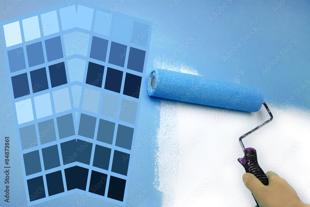 complimentary blue color chart and hand painting wall Stock Photo ...