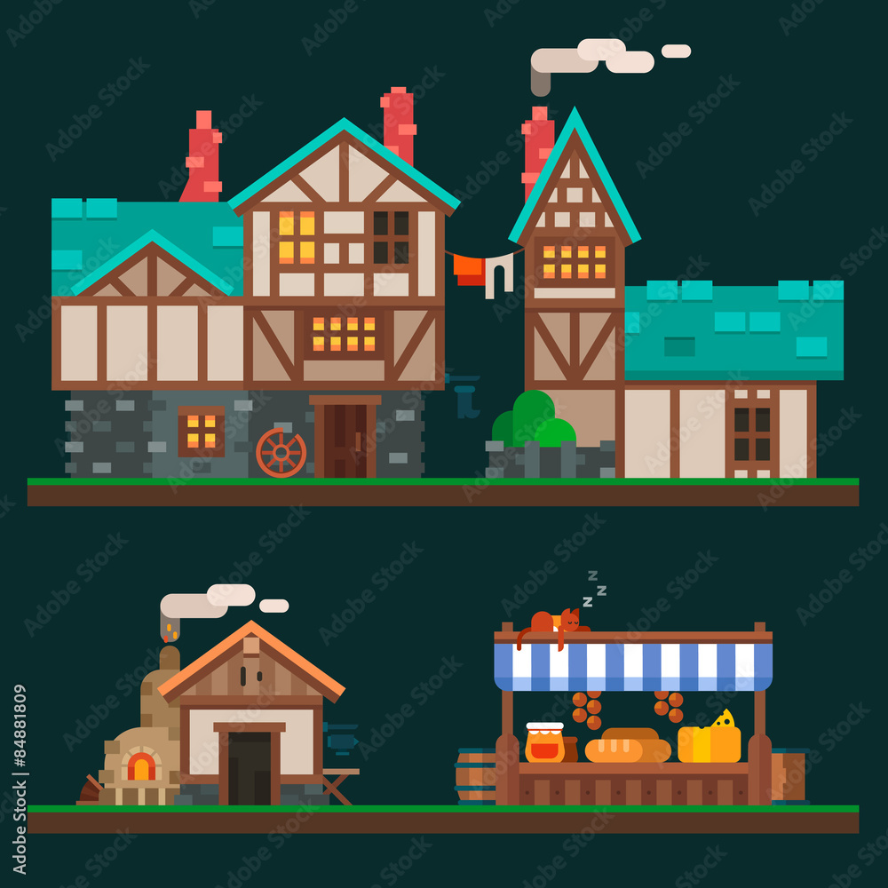 Old stone and wooden houses. Village and medieval city. Vector flat ...